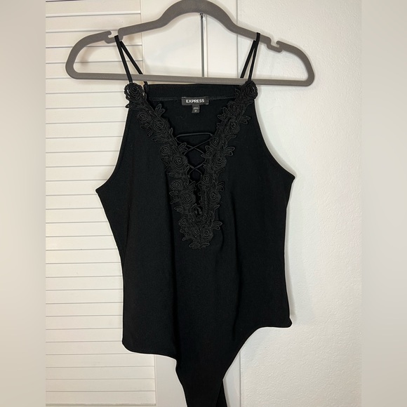 Tops | New Black Lace Detail Open Front Stretchy Bodysuit M | Poshmark